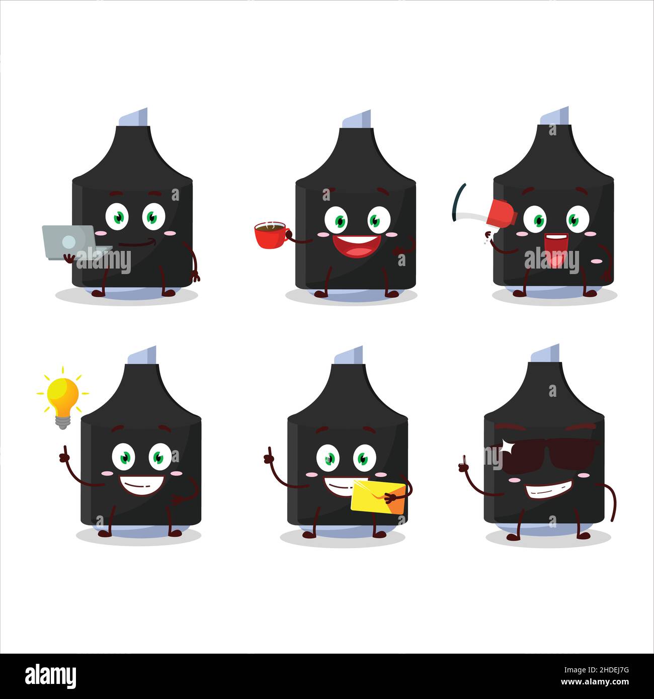 Blue highlighter cartoon character with various types of business ...