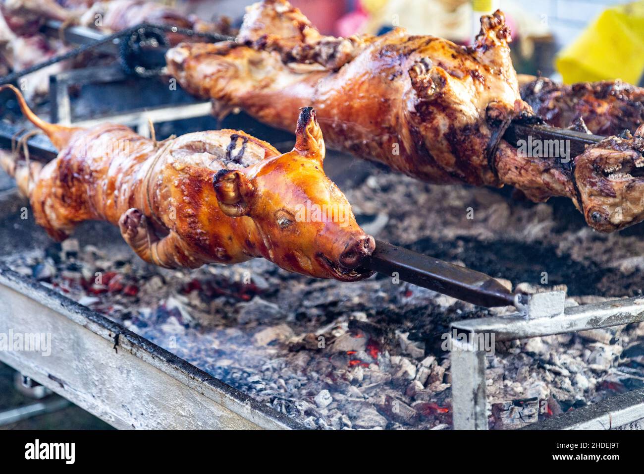 Whole pig roasting on a spit Stock Photo - Alamy