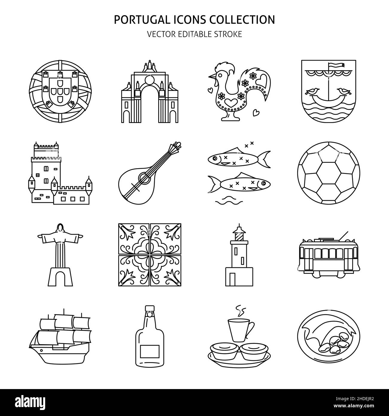 Portugal icons set in thin line style. Traditional symbols including ...