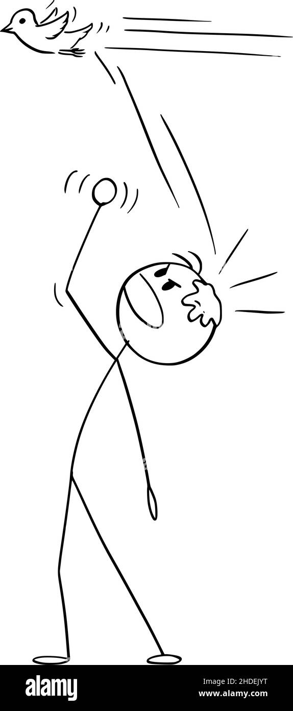 Bird Pooping on Head of Person, Vector Cartoon Stick Figure ...