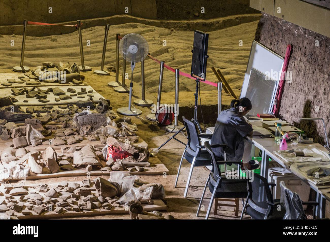 XI'AN, CHINA - AUGUST 6, 2018: Archaeologist working in the Pit 2 of ...