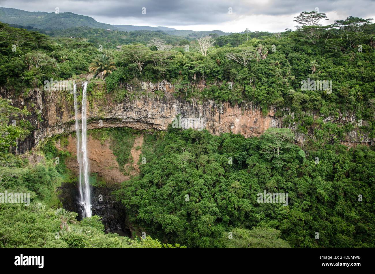 Aerial view of the Chamarel Waterfall surrounded by lush trees in ...