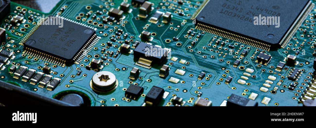 Macro Close up of components and microchips on PC circuit board of Hard ...