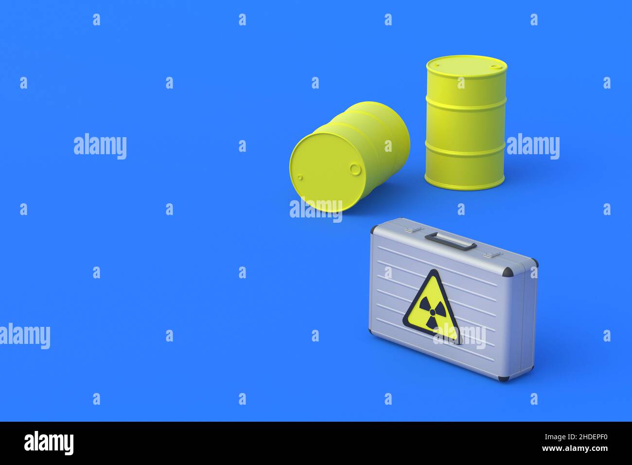 Metal suitcase near radiation sign and barrel. Nuclear briefcase ...
