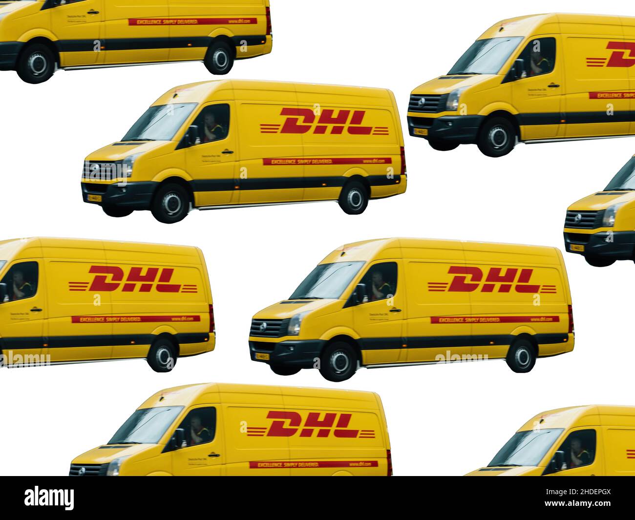 Side view of fast driving DHS fast delivery Volkswagen van on the Dutch ...