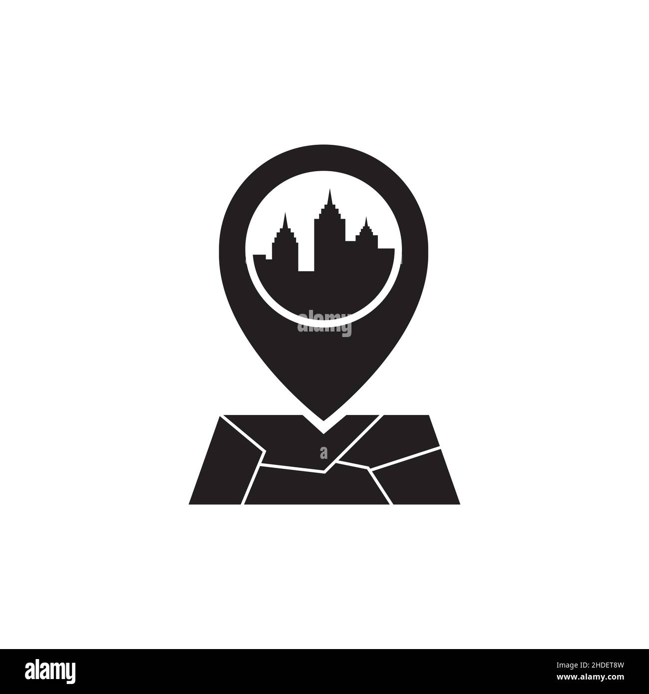 city building with pin map location logo design vector graphic symbol ...