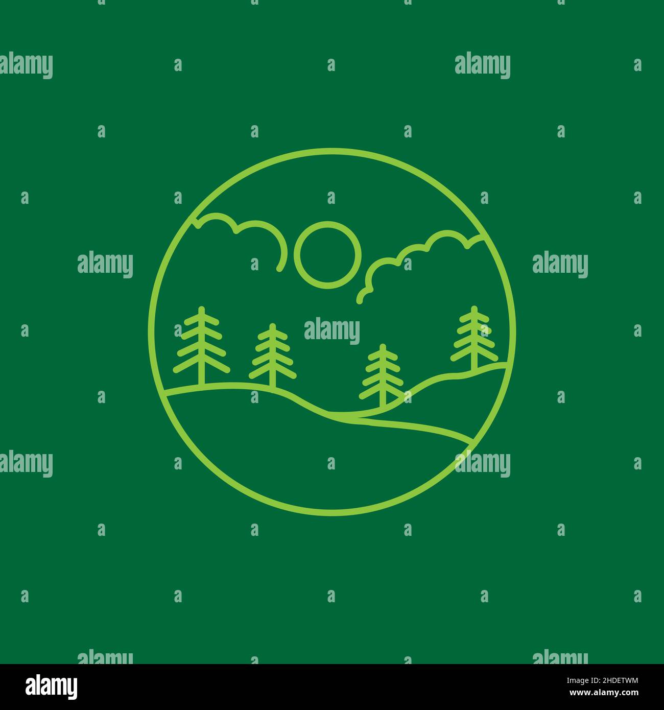 circle line with panoramic hill and trees logo design vector graphic ...