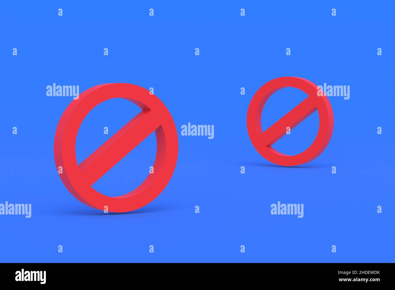 Two prohibition signs of red color on blue background. 3d rendering ...