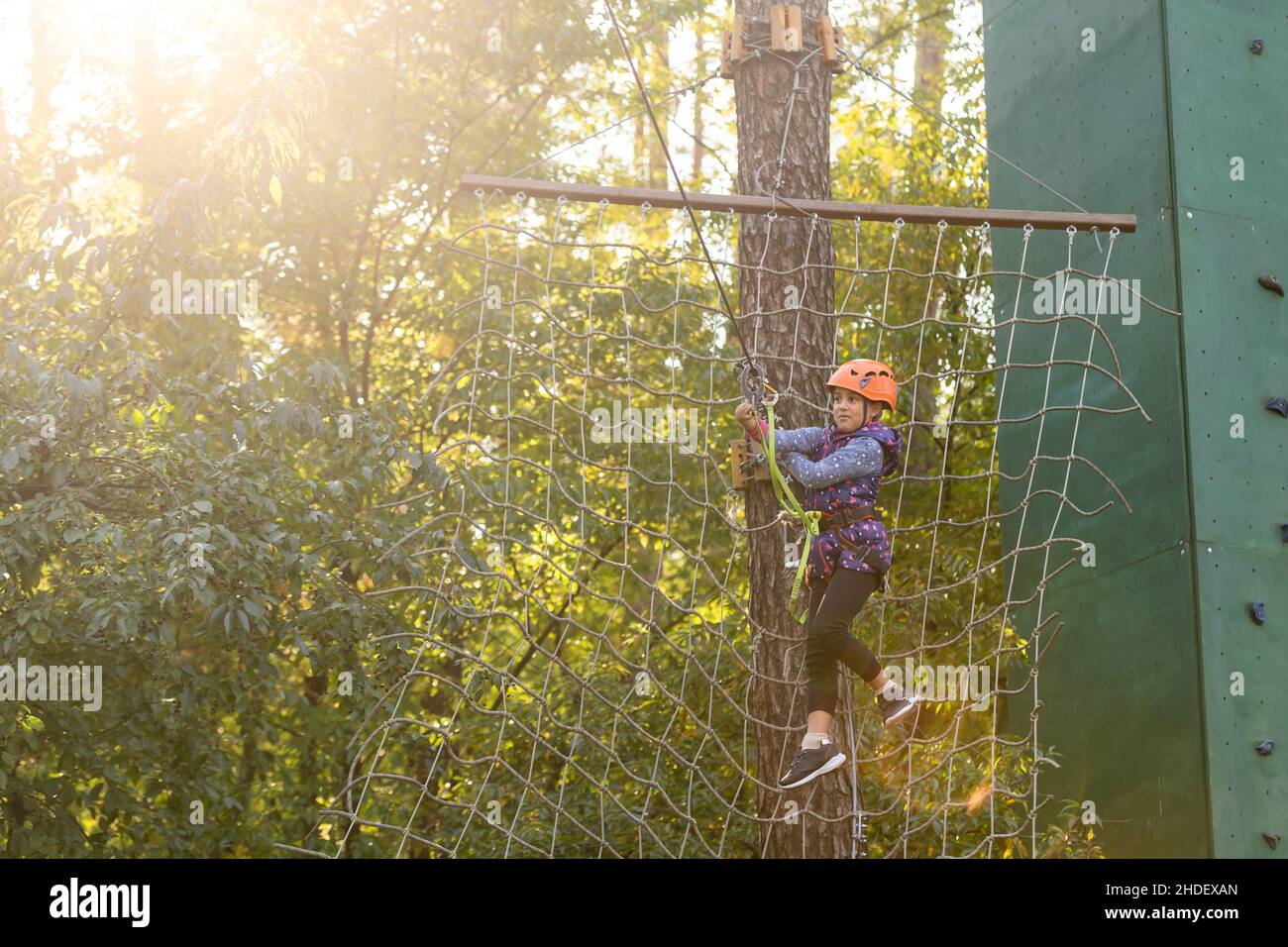 Child in forest adventure park. Kids climb on high rope trail. Agility ...