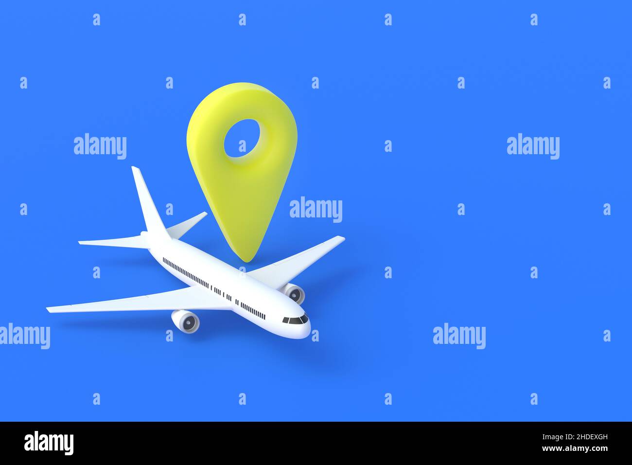 Airplane near yellow mark of gps, geolocation on blue background ...