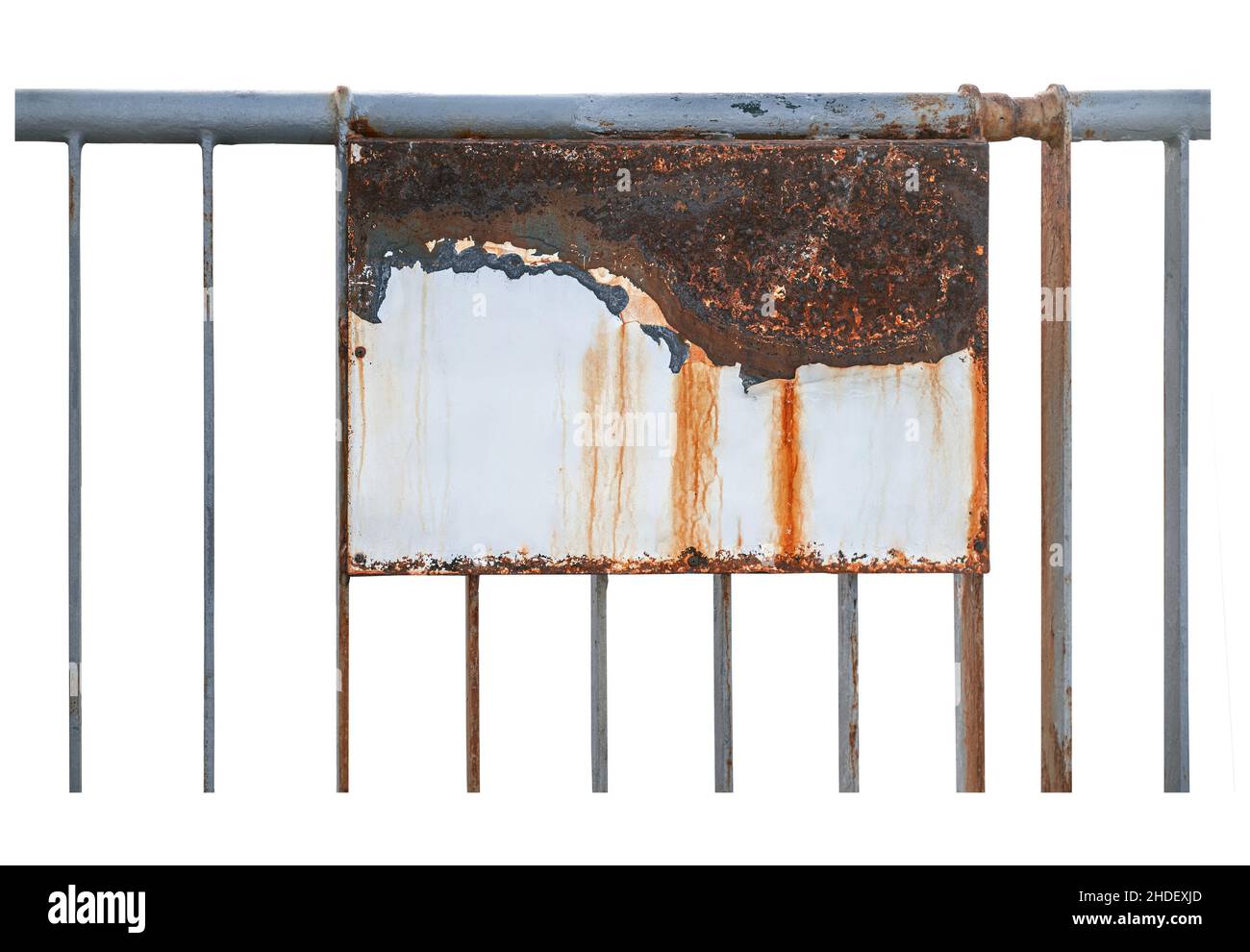 Rusty old sign with copy space on a metal fence isolated on white ...
