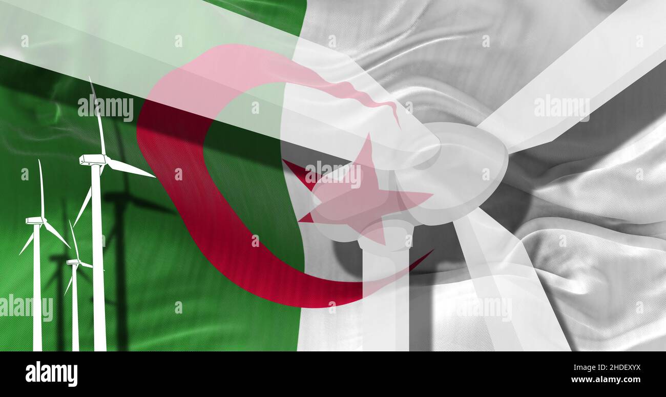 Wind turbines on background of Algeria flag. sustainable development ...
