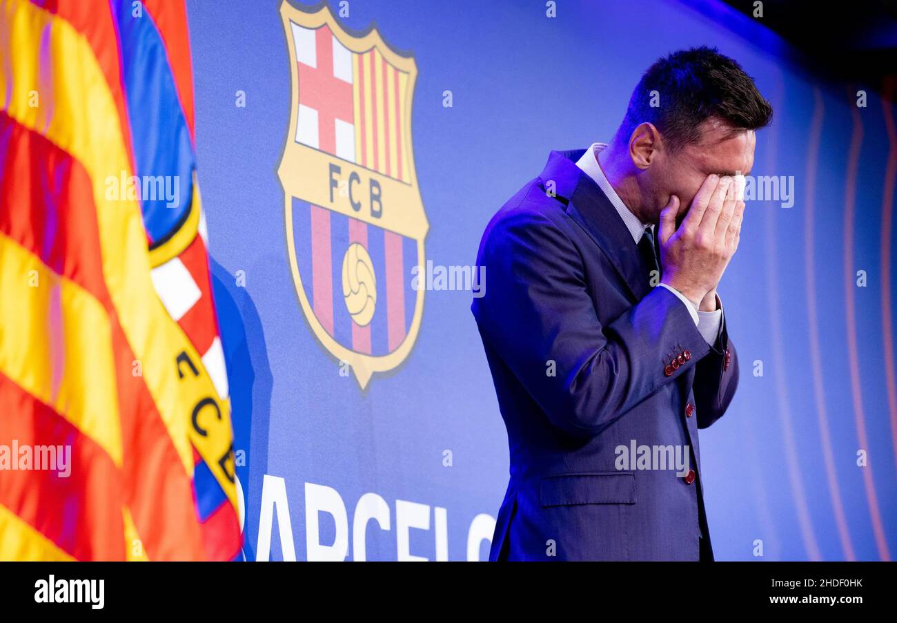 Beijing, Spain. 8th Aug, 2021. Lionel Messi weeps during his farewell ...