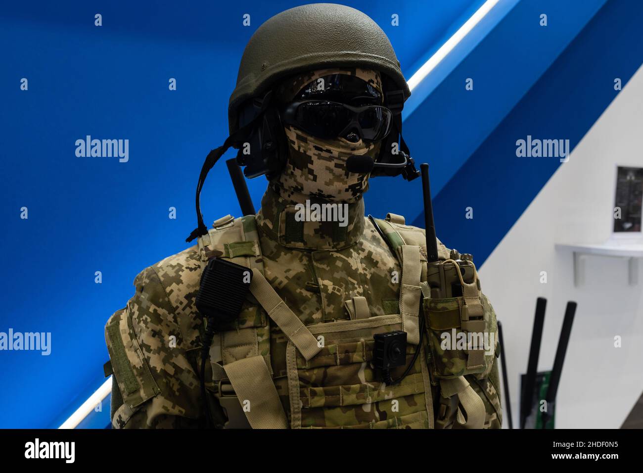 Mannequin in army uniform and equipment. Safety helmet and goggles ...