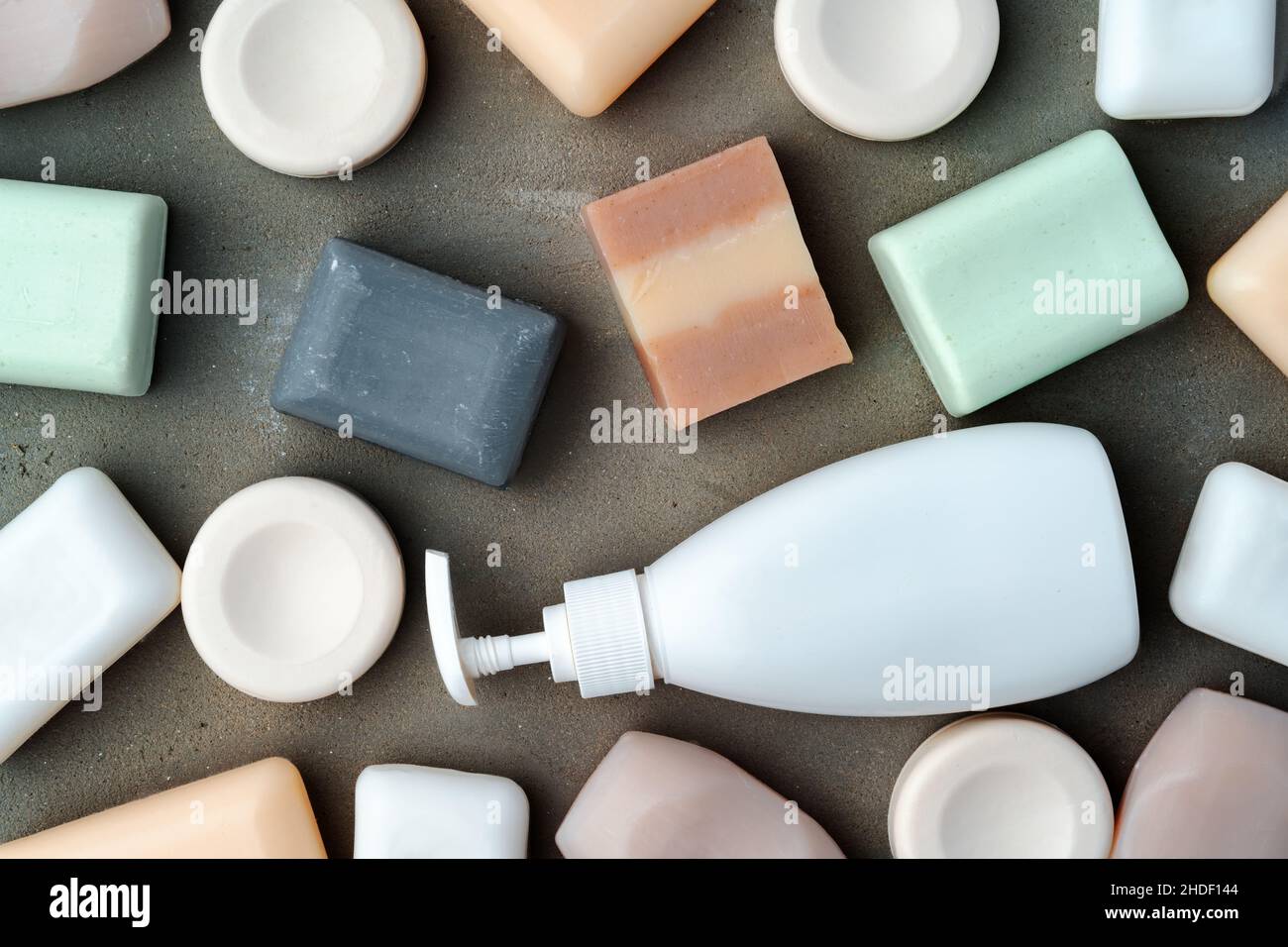 Soap bars on gray background flat lay Stock Photo - Alamy