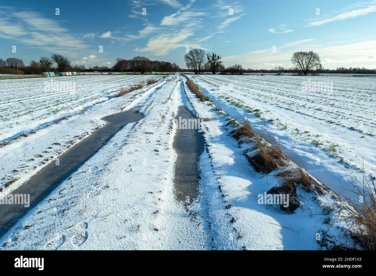 Winter landscape with a road in the field Stock Photo - Alamy