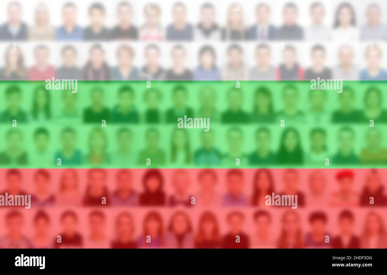 Portraits of many people on the background of the flag of Bulgaria. The ...