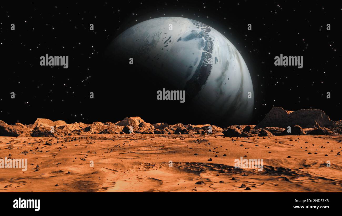 Mars planet surface and a big planet background Stock Photo - Alamy