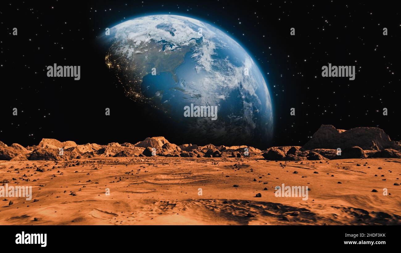 Mars planet surface and a big planet background Stock Photo - Alamy