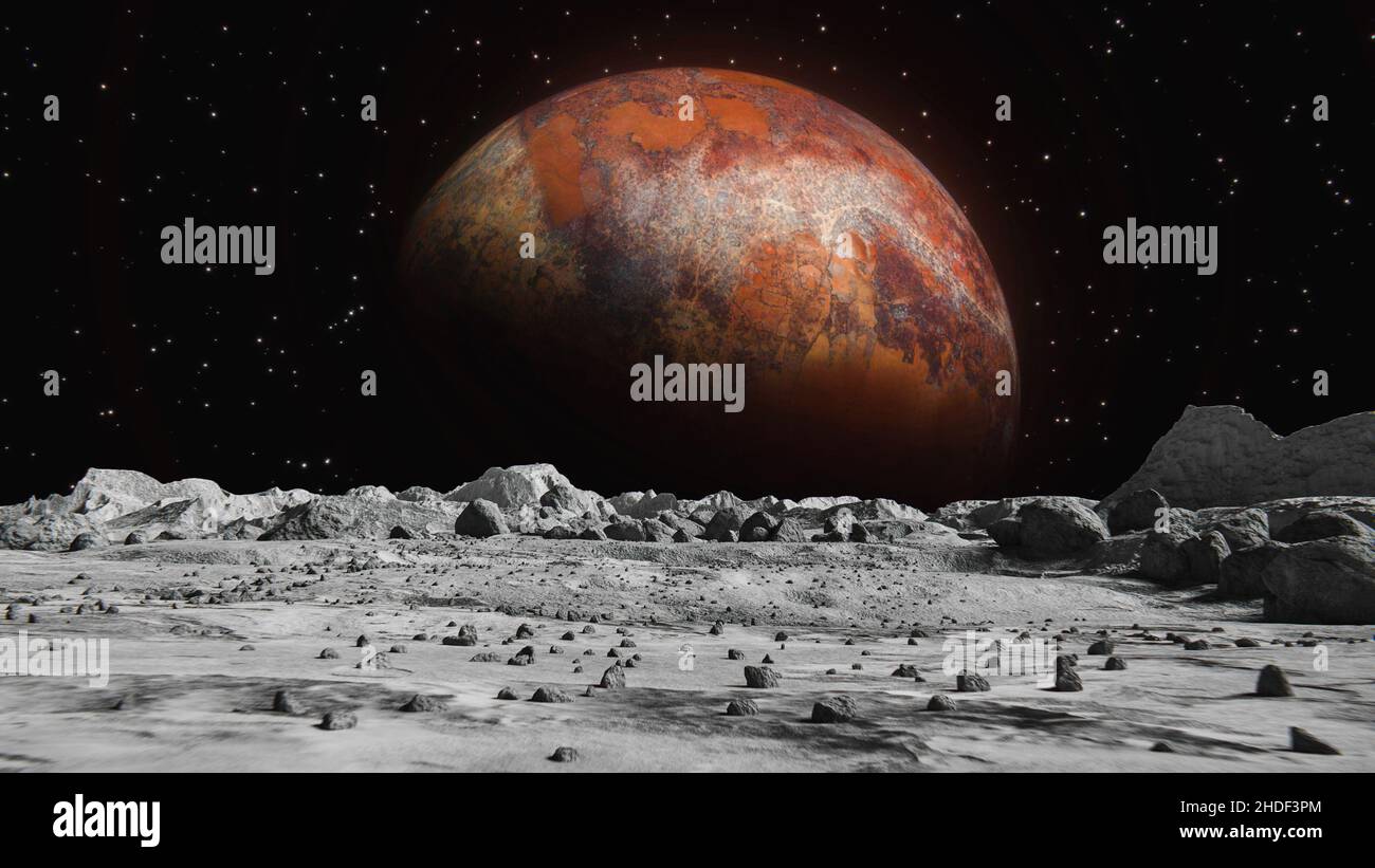 Moon surface and a big planet background Stock Photo - Alamy