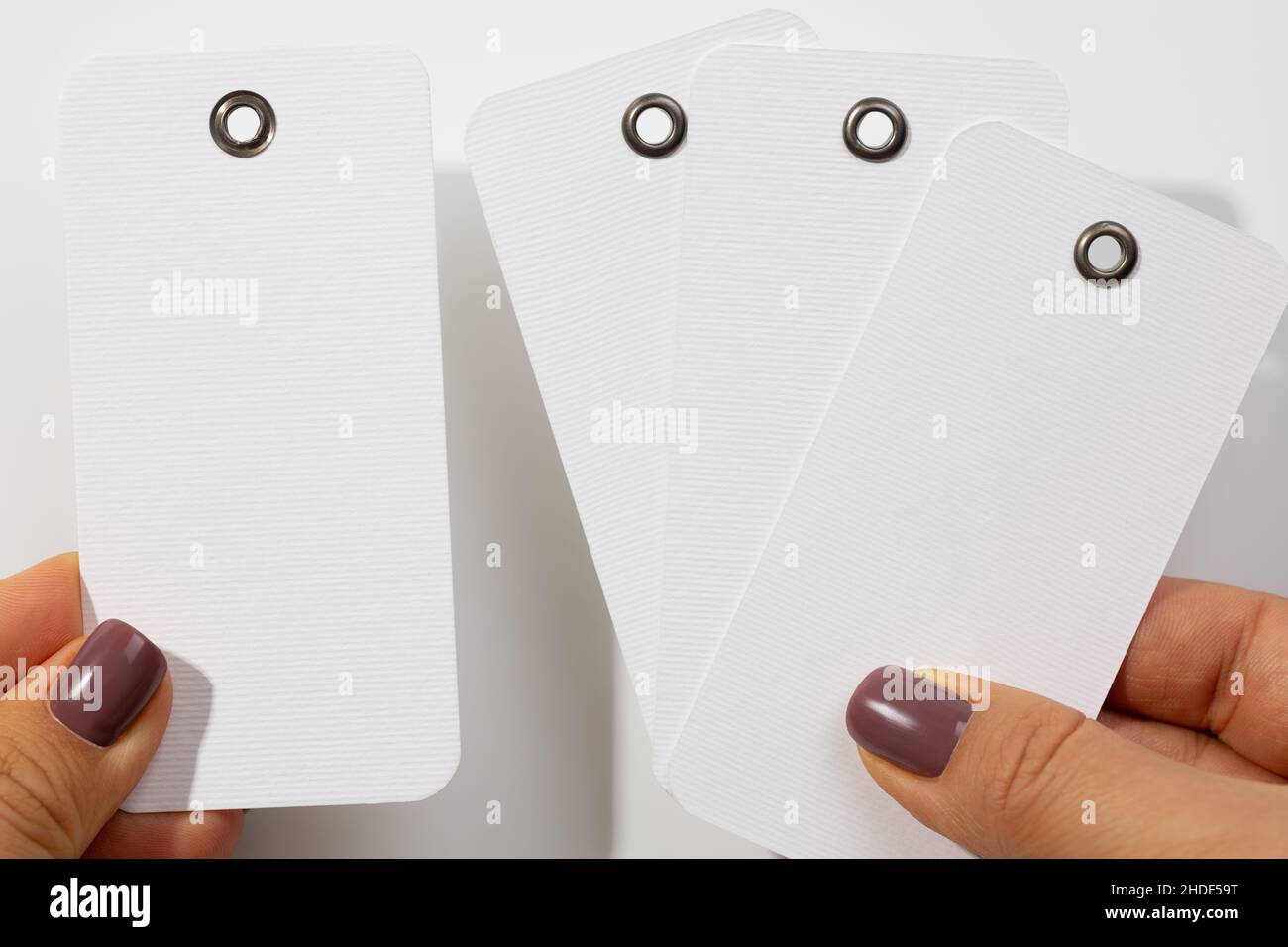 Female hands with four cardboard blank white colored tags of rectangle ...