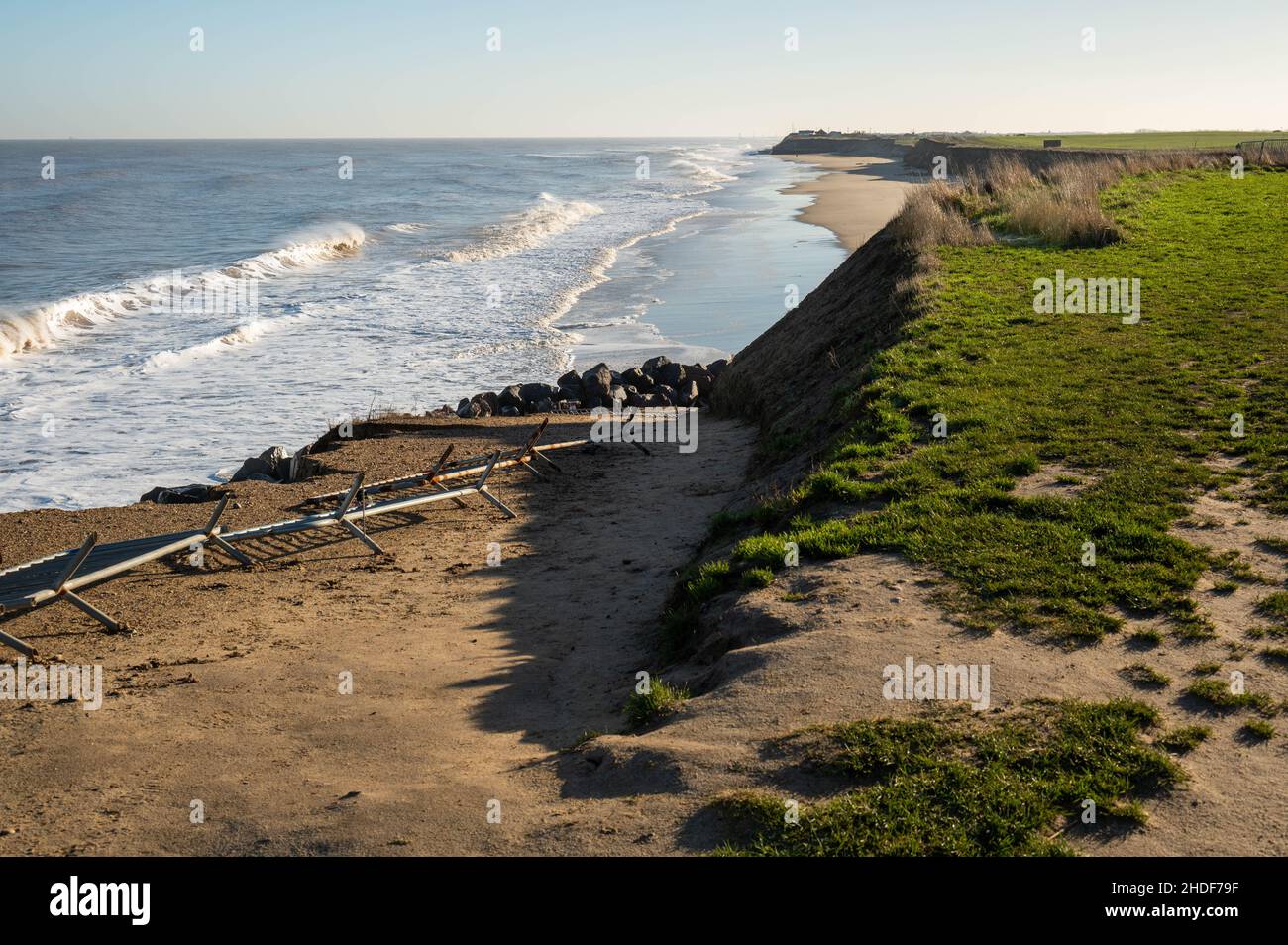 East Coast erosion at Happisburgh beach cliffs due to high spring tides ...