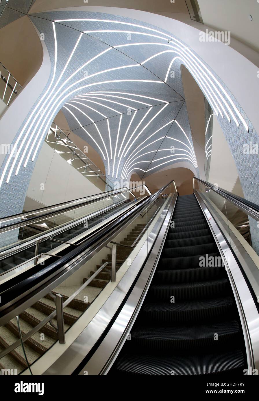 General view inside Sport City Doha Metro station in Doha, Qatar. Taken ...