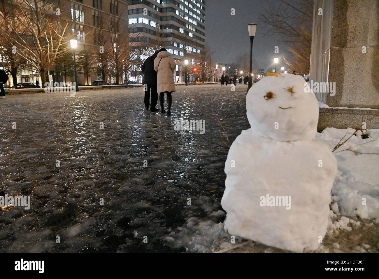 Tokyo, Japan. 06th Jan, 2022. A snowman is seen near the Tokyo Station ...