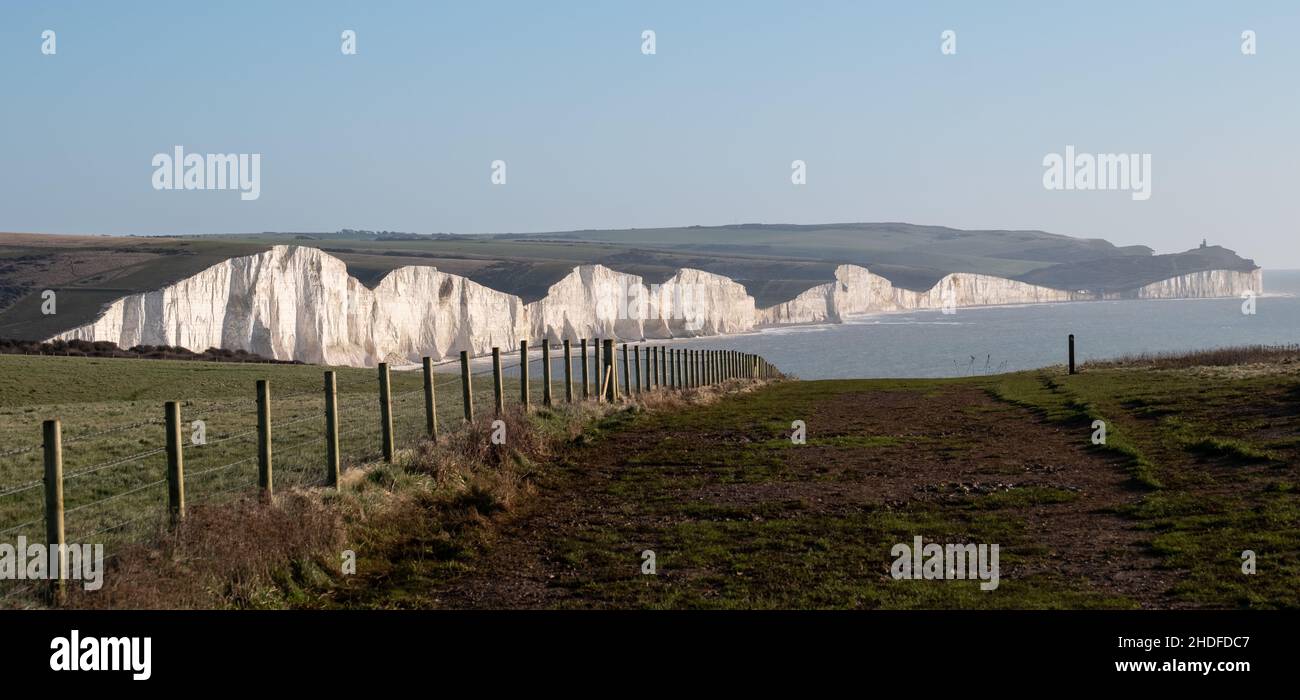 Panorama of Seven Sisters chalk cliffs facing the English Channel at ...