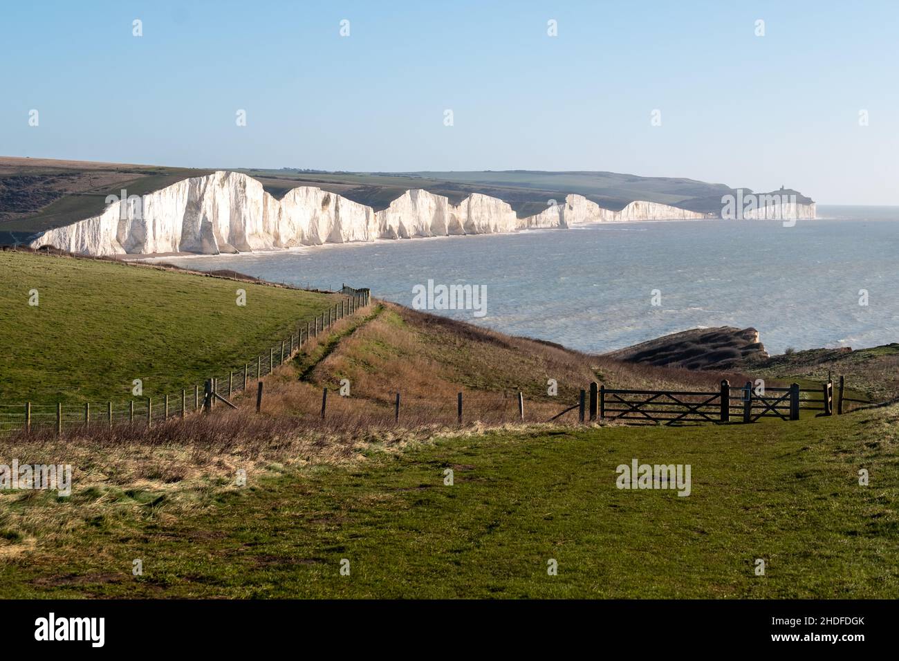 Panorama of Seven Sisters chalk cliffs facing the English Channel at ...