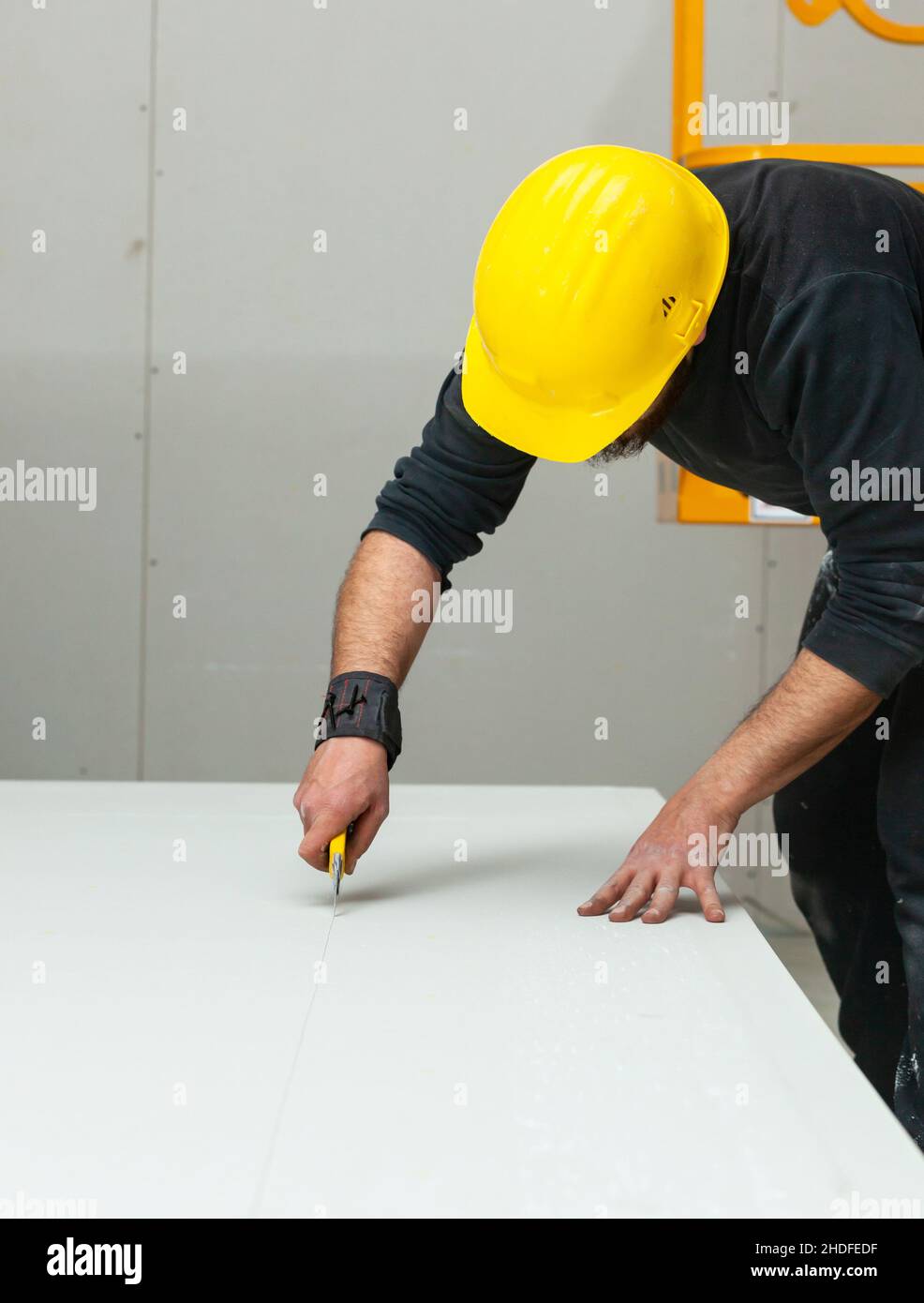 construction worker, cutting, plasterboard, blue collar, builder ...