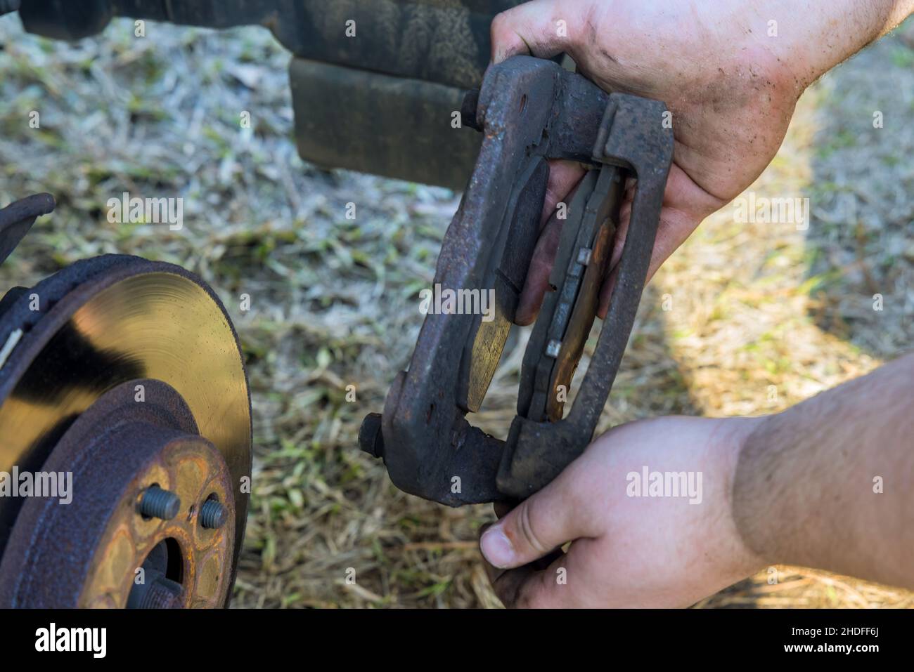 Disk brake on car, in process of new disc brake replacement Stock Photo ...