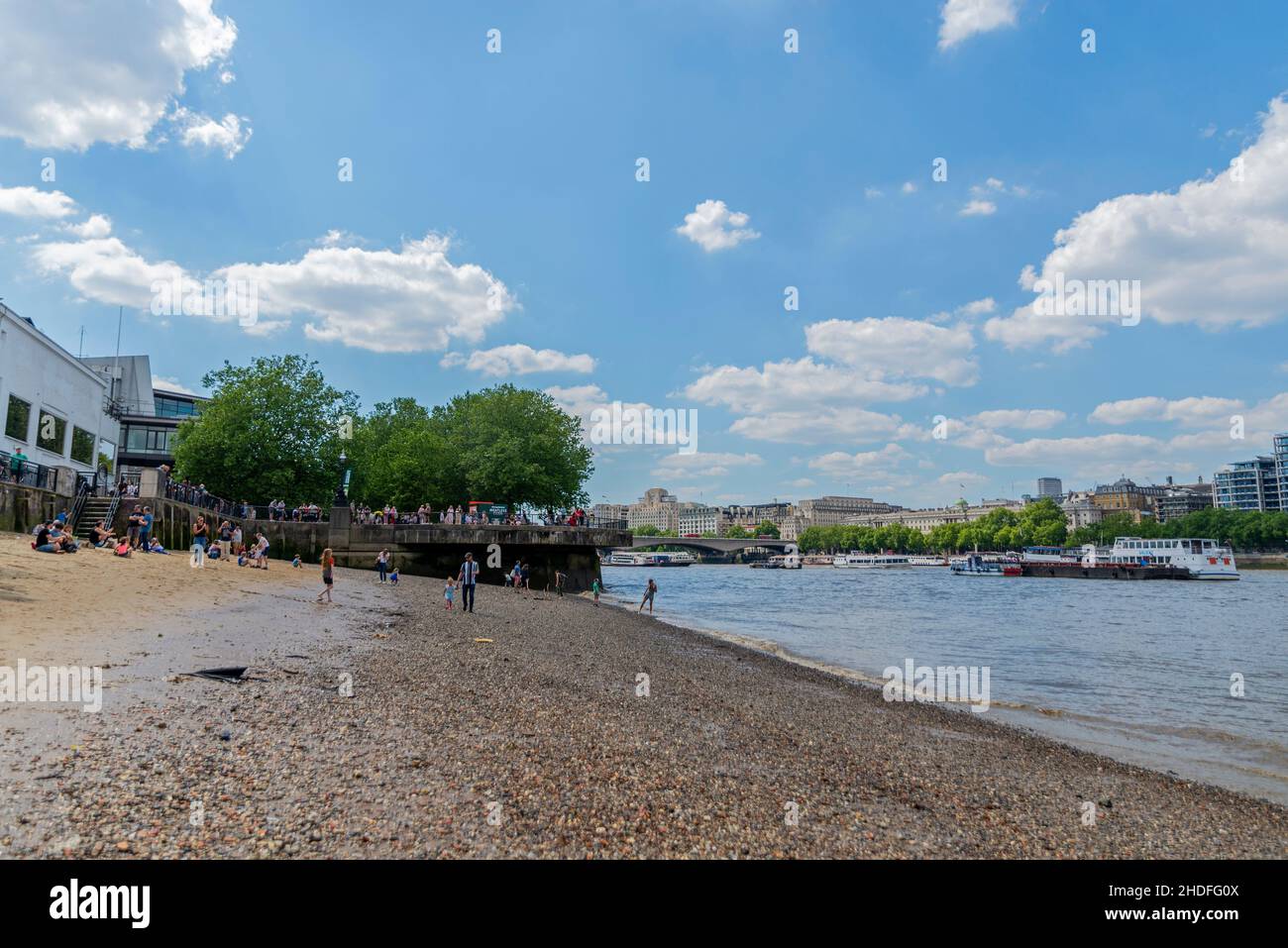 Southbank urban beach and view of Waterloo Bridge, London Stock Photo ...