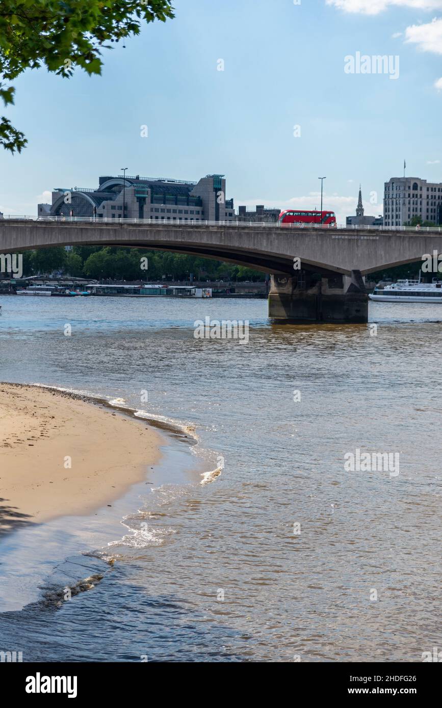 Southbank urban beach and view of Waterloo Bridge, London Stock Photo ...