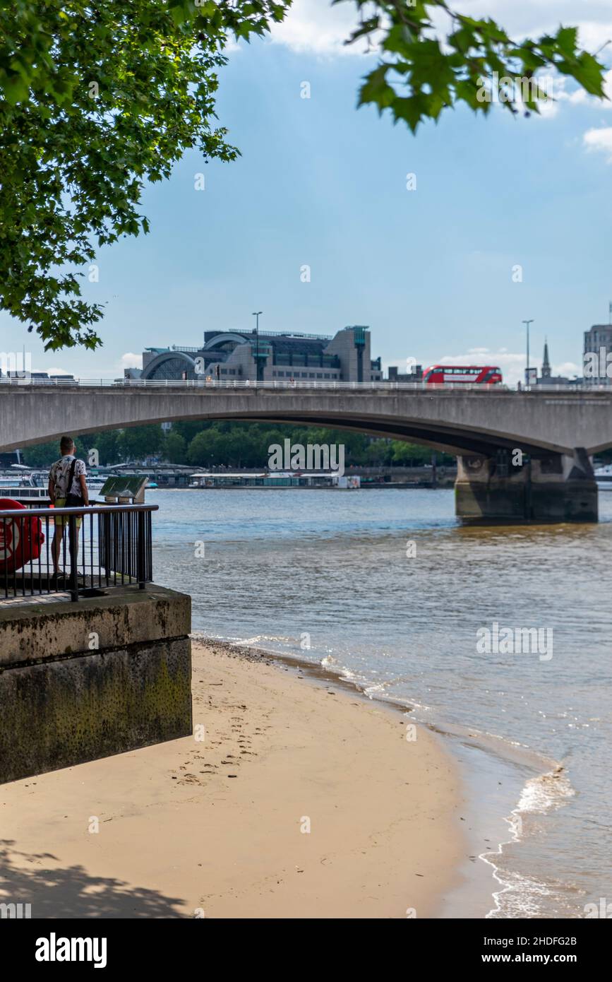 Southbank urban beach and view of Waterloo Bridge, London Stock Photo ...