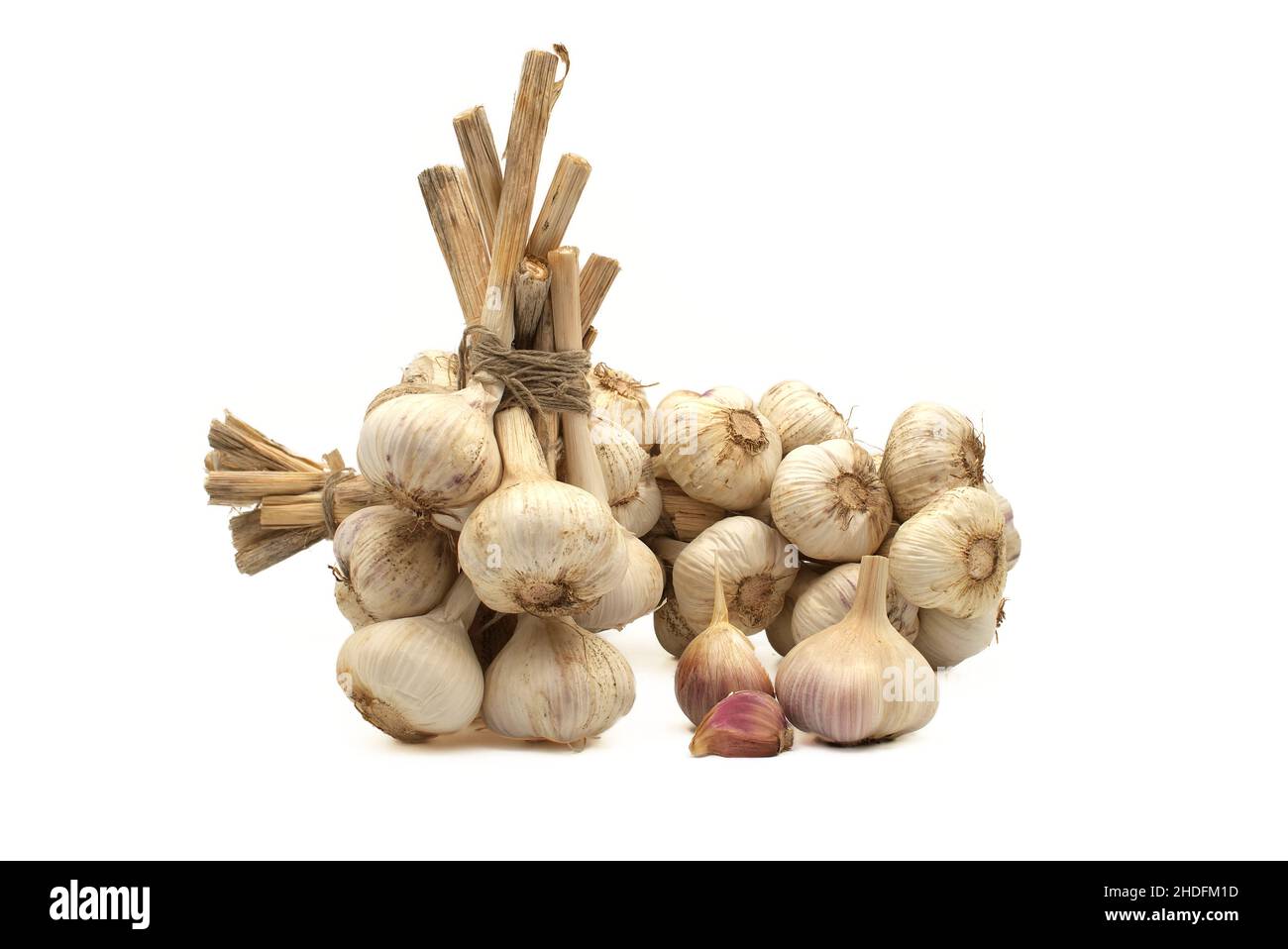 Braided garlic bulbs bonded with jute rope ready for storage isolated ...