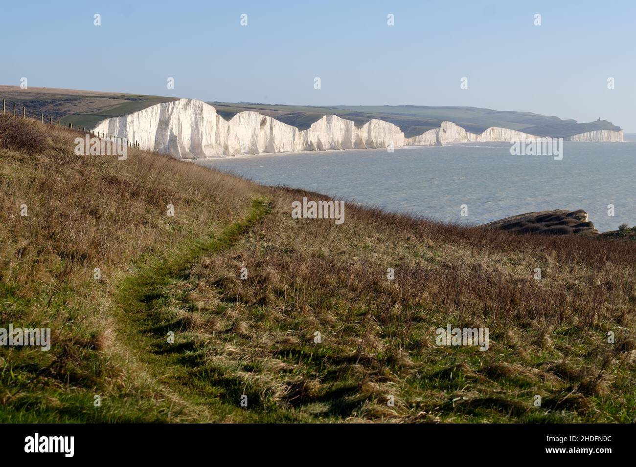 Panorama of Seven Sisters chalk cliffs facing the English Channel at ...