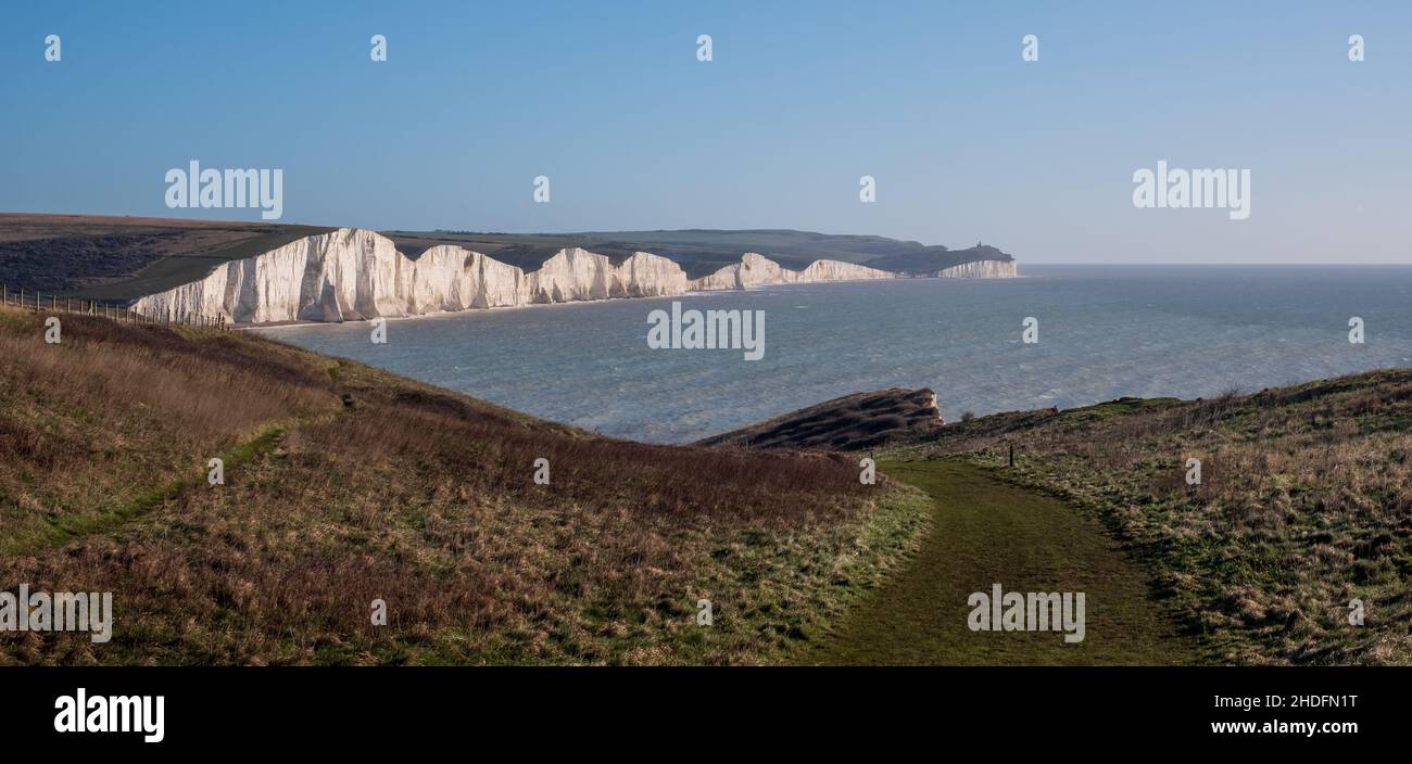 Panorama of Seven Sisters chalk cliffs facing the English Channel at ...