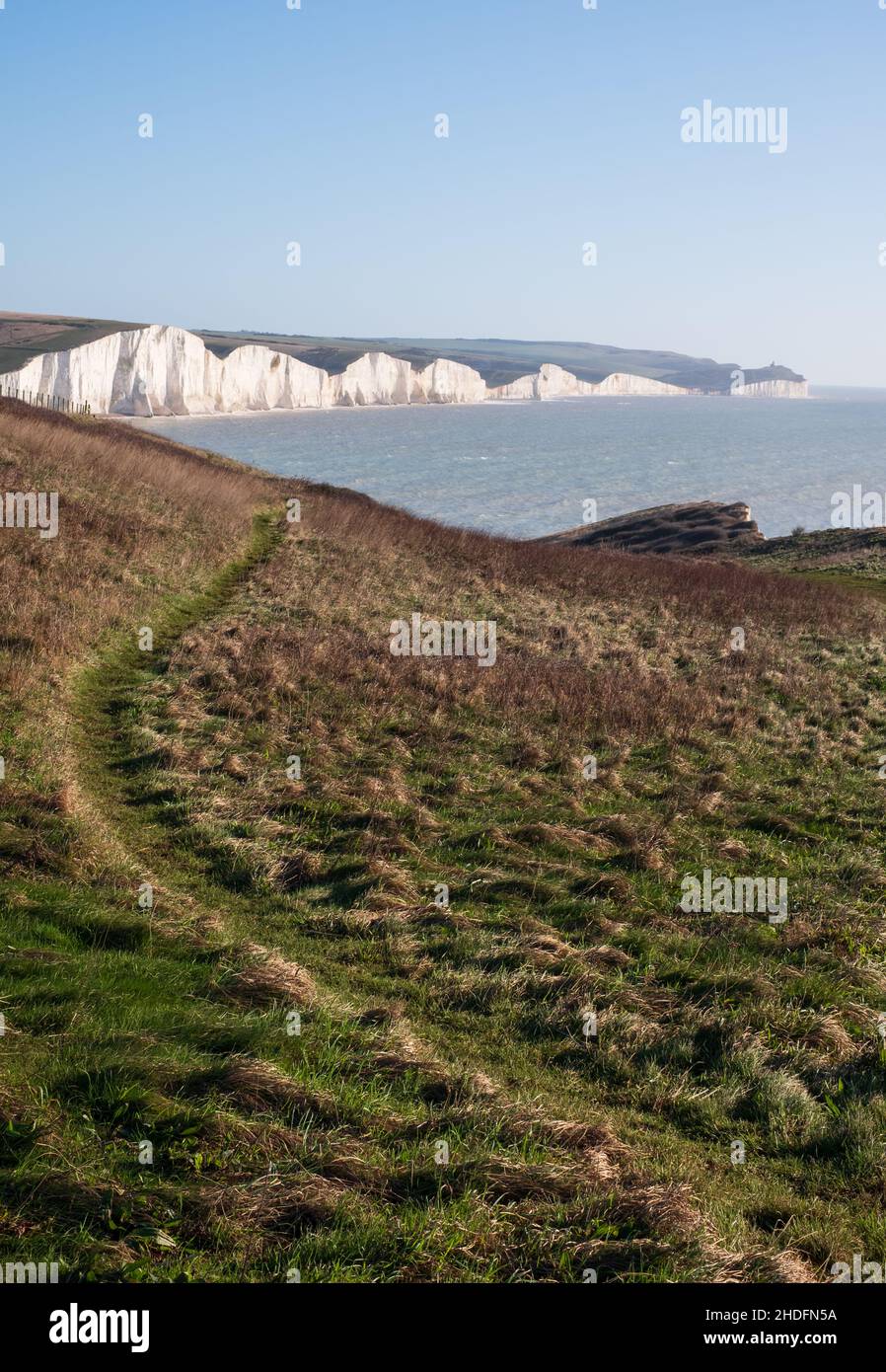 Seven Sisters chalk cliffs facing the English Channel at Seaford, East ...