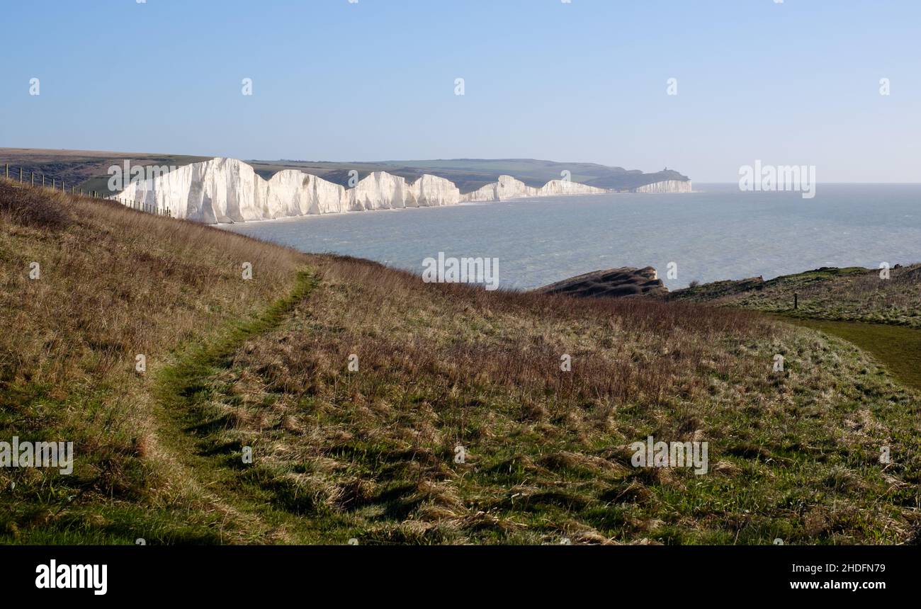 Panorama of Seven Sisters chalk cliffs facing the English Channel at ...