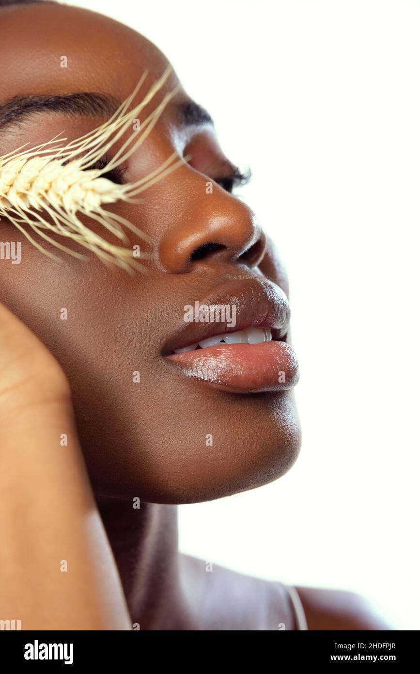 Close up face of young african woman with well-kept skin isolated on ...