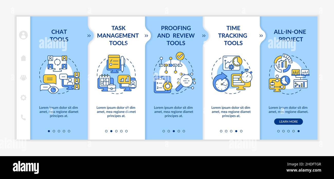 Business productivity tools blue and white onboarding template Stock ...