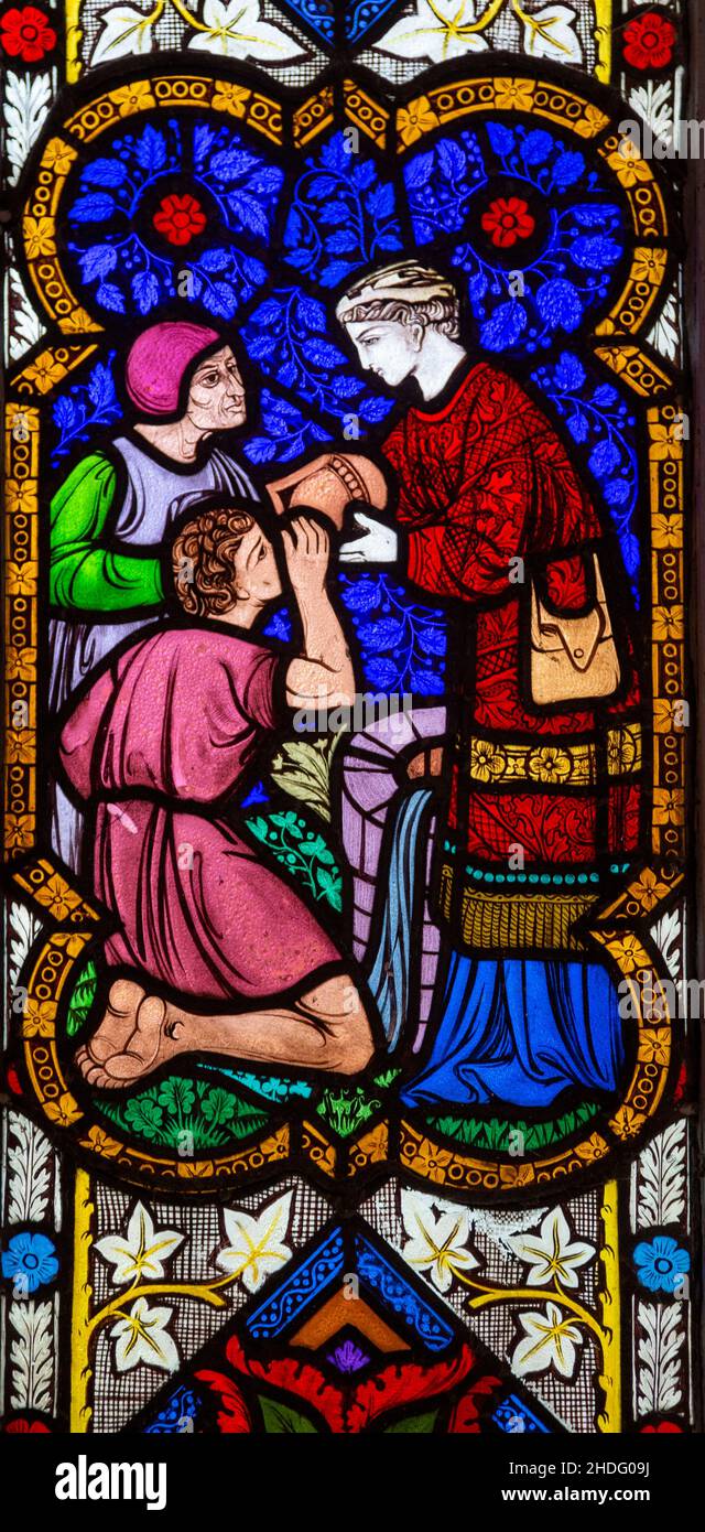 Stained glass window of Acts of Mercy c 1860 Brome church, Suffolk ...