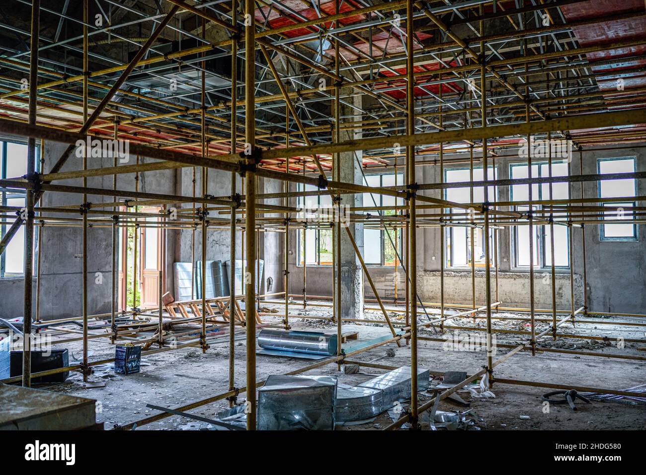 Scaffolding on a renovation site in a commercial storefront office ...
