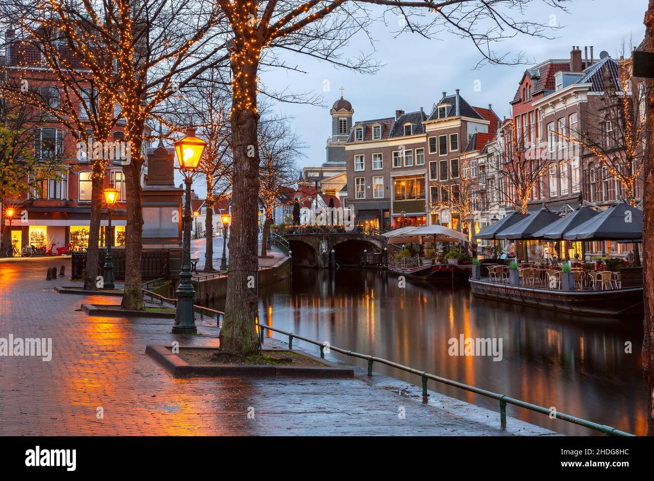 Leiden canal Oude Rijn with trees in Christmas illumination, South ...