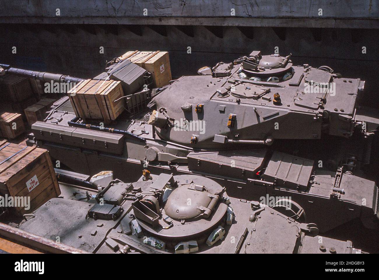 Loading Chieftain Tanks for Kuwait onboard cargo ship M/V Ibn Rushd ...