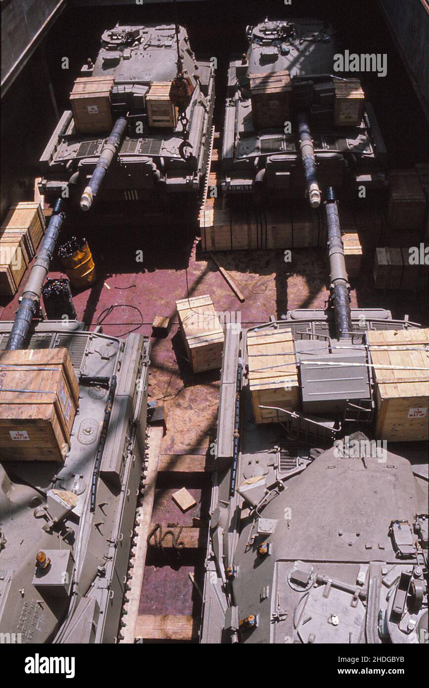 Loading Chieftain Tanks for Kuwait onboard cargo ship M/V Ibn Rushd ...