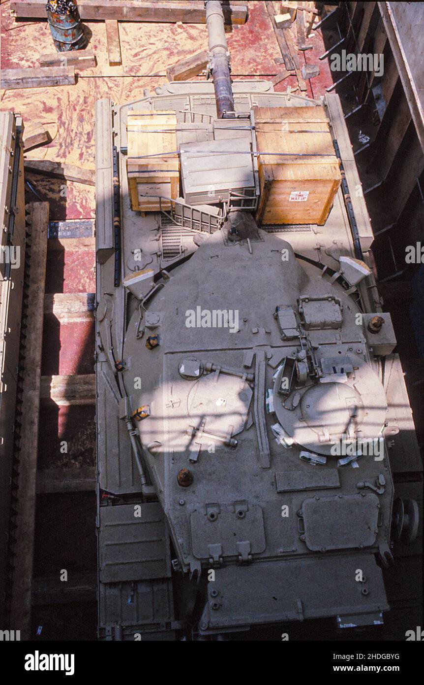 Loading Chieftain Tanks for Kuwait onboard cargo ship M/V Ibn Rushd ...