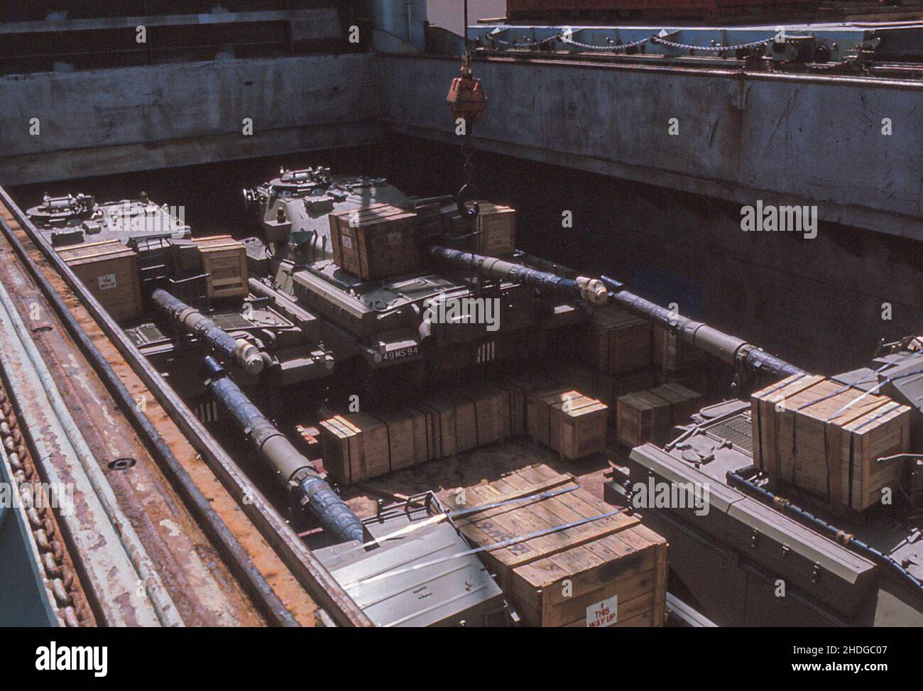 Loading Chieftain Tanks for Kuwait onboard cargo ship M/V Ibn Rushd ...