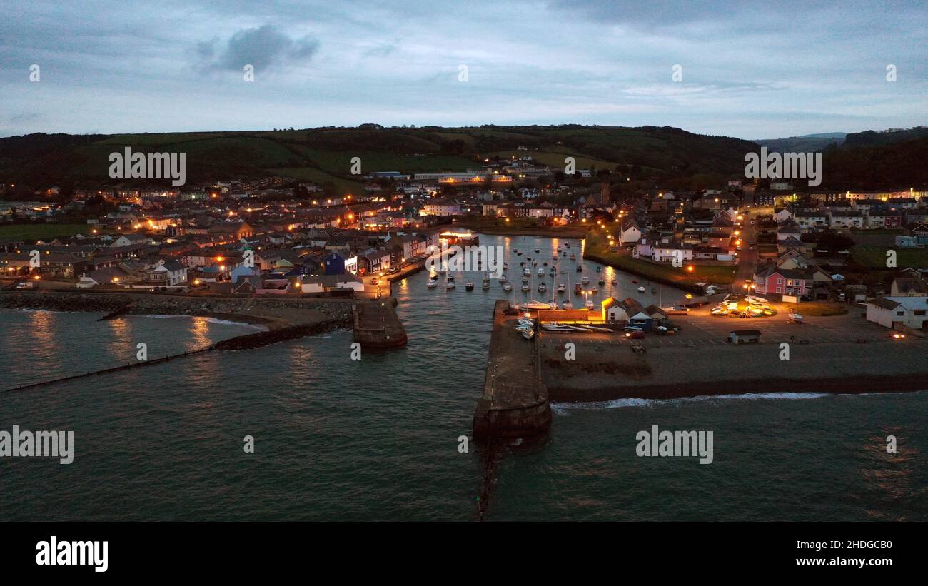 Aerial Photograph of Aberaeron Harbour, Town and Coastal Path at Dusk ...